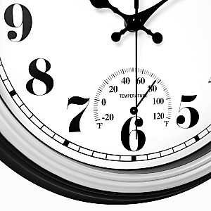 JENLYSTIME 12 Inch Indoor/Outdoor Retro Waterproof Wall Clock with Thermometer Silent Round Quartz Battery Operated Easy to Read Decorative for Kitchen Patio,Bathroom,Deck,Porch,Pool(Silver)