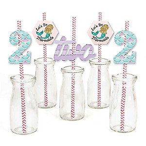 2nd Birthday Let's Be Mermaids - Paper Straw Decor - Second Birthday Party Striped Decorative Straws - Set of 24