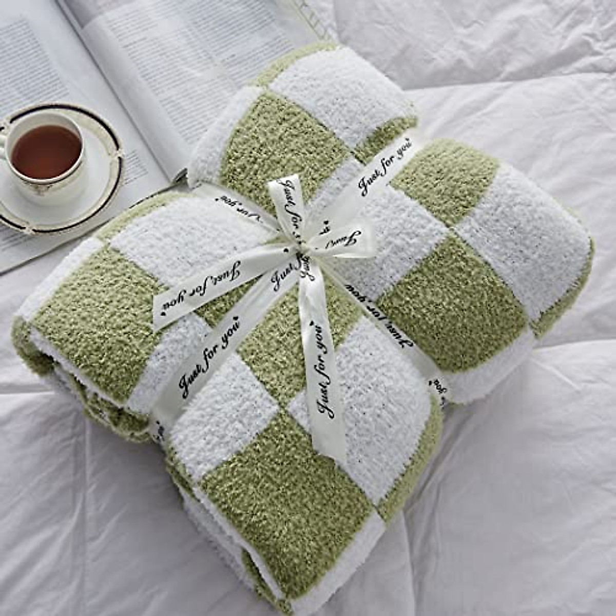 BRICHOEE Throw Blankets Checkered Reversible Microfiber Blankets, Super Soft Warm Cozy Fluffy Blankets for Couch Bed Sofa Camping Travel (Green, 51"x63")