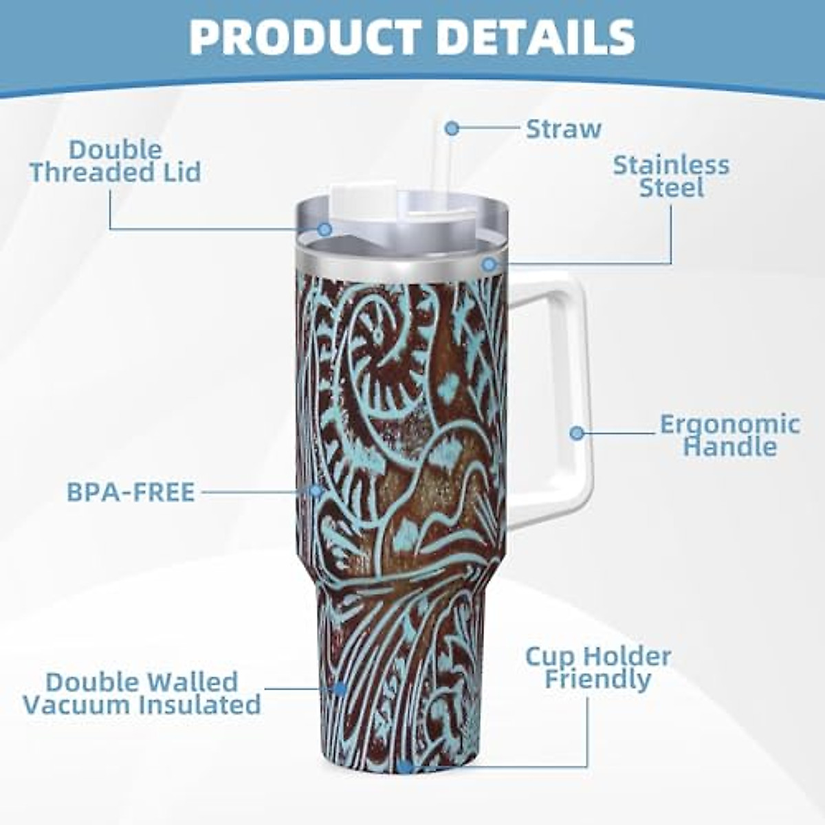 Xiexide 40oz Stainless Steel Hiking Rustic Western Country Turquoisen Cowboy Tooled Leather Double Walled Vacuum Insulatedith Handle And Straw,Hot & Cold Drinks