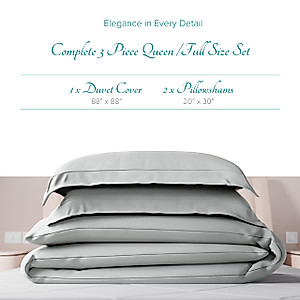 Carressa Linen 100% Egyptian Cotton Duvet Cover Queen Size - 800 Thread Count 3 PC Silver Duvet Cover Set, Extra Long Staple Egyptian Cotton Quilt Cover, Soft, Breathable with Hidden Zipper Closure