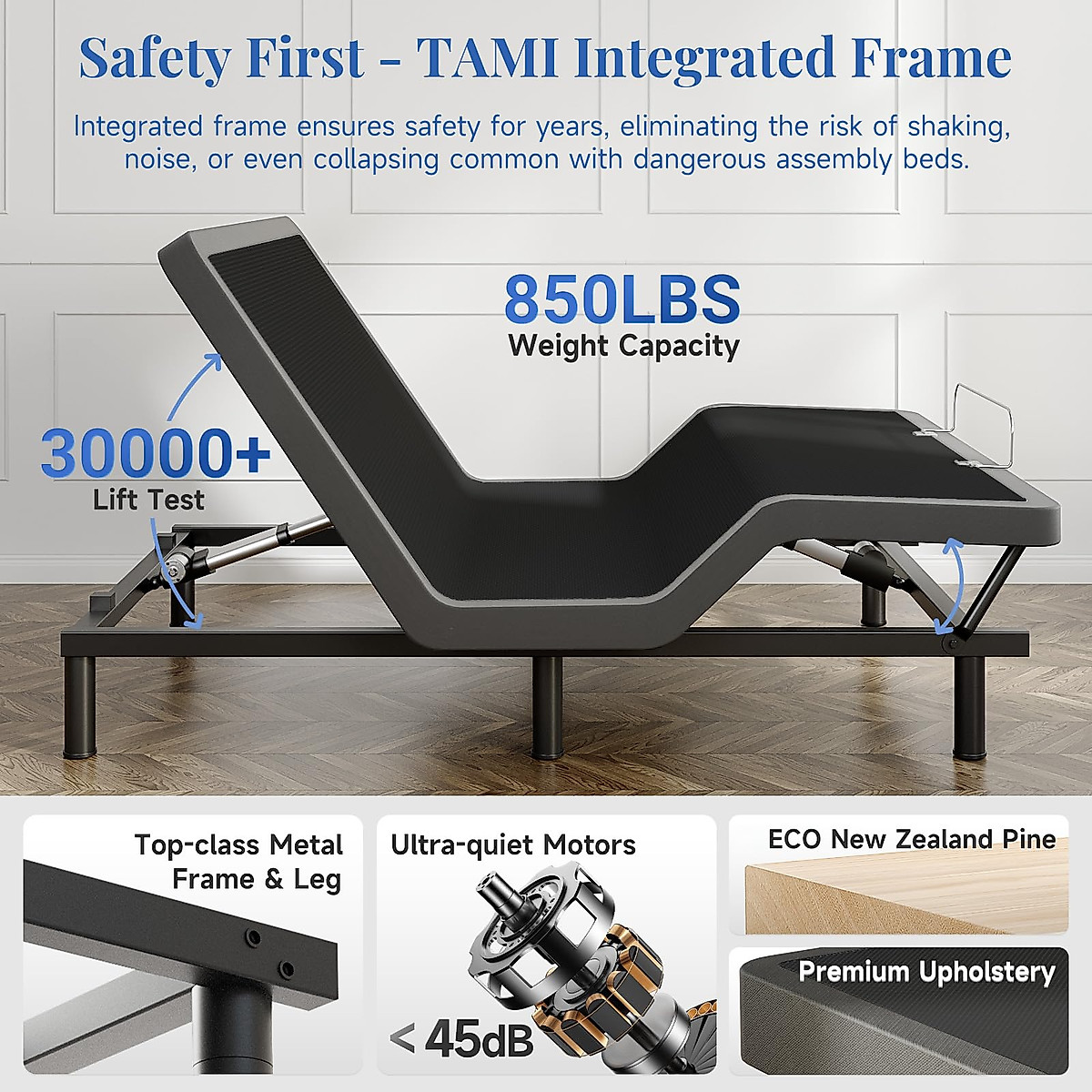 Tami Tami T600 Adjustable Bed Frame Split King Size with Remote & Massage - Syncable Electric Beds Bases w/Zero Clearance, Zero Gravity, Dual Side USB, Nightlight, Quiet Motor, 5 Min Easy Assembly