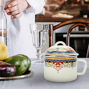 Vintage Enamel Basin Soup Bowl: Retro Round Enamel Mixing Bowl with Lid Handle Salad Serving Enamelware Container for Pho Soba Soup Rice Udon Cereal Ice Cream Yellow