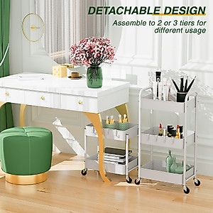 LEHOM 3 Tier Rolling Utility Cart, Metal Trolley Cart with Wheels, Hooks, Easy Assembly Organizer Storage Cart for Bathroom, Kitchen, Office, Bedroom(White)