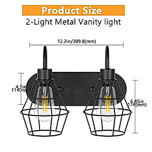 Elibbren Bathroom Vanity Light Fixtures, 2-Light Bathroom Lighting Fixtures Over Mirror with Cage, E26 Base Black Farmhouse Wall Sconces for Bedroom Living Room, UL Listed