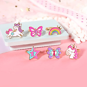 PinkSheep Rings for Kids Jewelry for Girls Unicorn Ring Rainbow Ring Butterfly Ring 12 PC Gift for 4/5/6/7/9/10 Years Old Flower Packaging