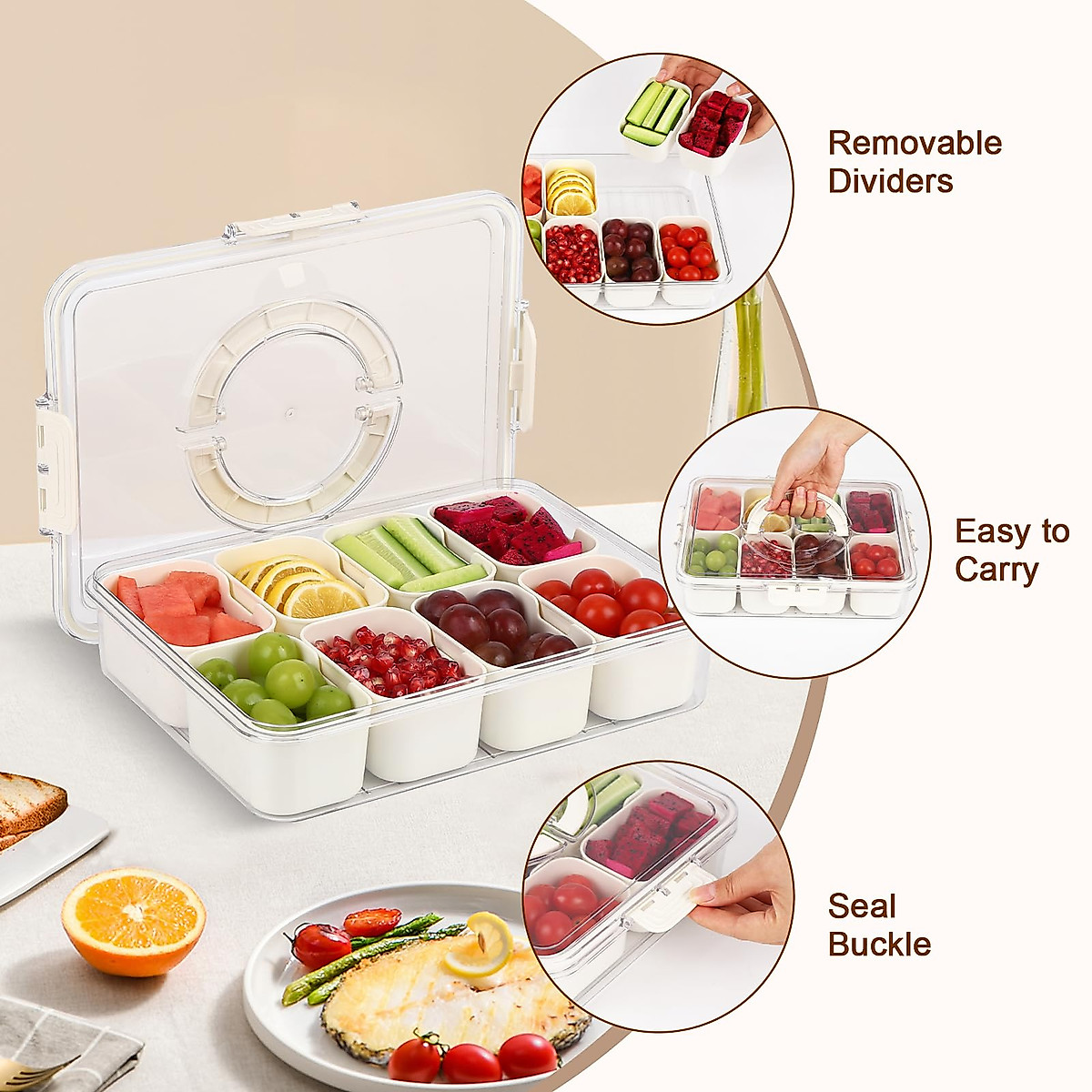 Eletional Divided Serving Tray with Lid and Handle - Snackle Box Charcuterie Platter, Clear Organizer for Candy, Fruits, Nuts, Snacks - Perfect for Party, Entertaining, 8 Compartments, White