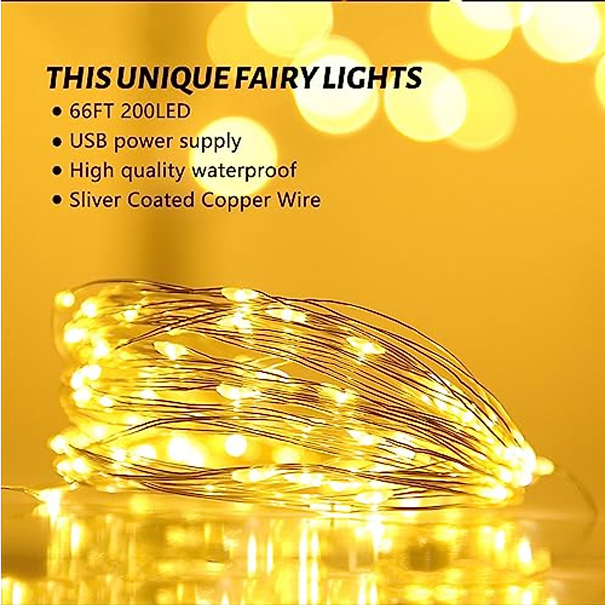 Fairy Lights 66 ft 200 LED USB Twinkle String Lights Plug in Silver Wire Lights with Remote and Timer 8 Modes Outdoor Waterproof Starry Lights DIY Party Wedding Christmas Decoration（Warm White）