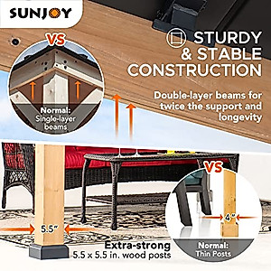 Sunjoy Wood Gazebo 11 x 13 ft. Outdoor Patio Premium Cedar Frame Gazebos with Matte Black Steel Gable Hardtop Roof for Garden, Backyard Shade, Black Roof + Natural Wood Frame