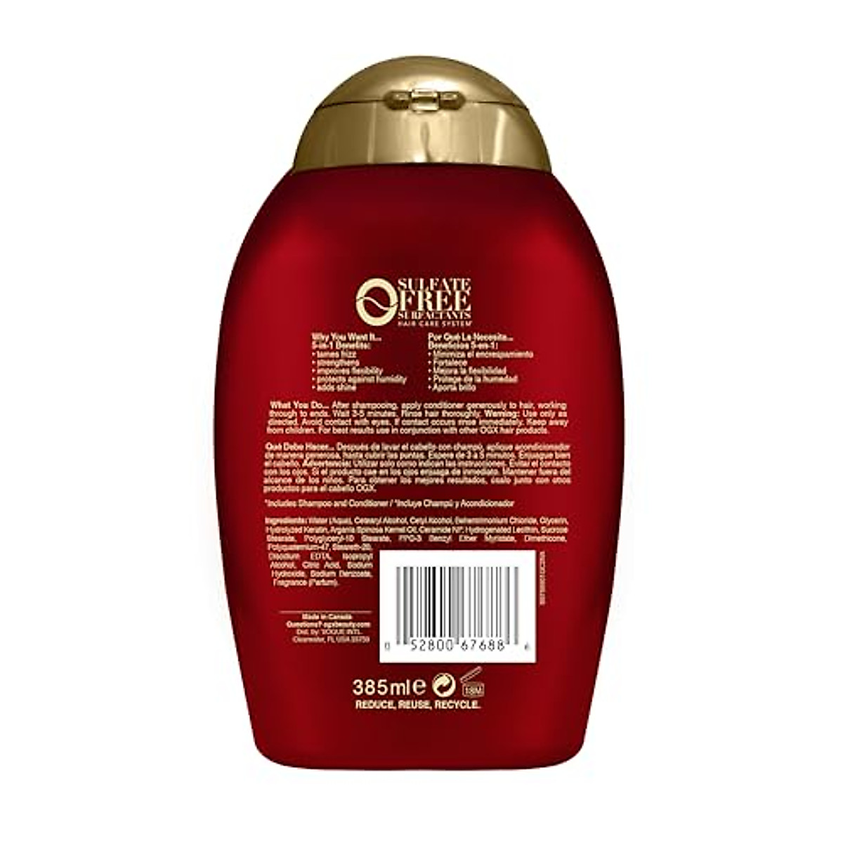 OGX Frizz-Free + Keratin Smoothing Oil Conditioner, 5 in 1, for Frizzy Hair, Shiny Hair, RED, 385 ml