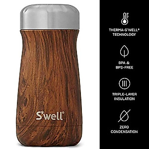 S'well Stainless Steel Traveler-12 Fl Oz Triple-Layered Vacuum-Insulated Travel Mug Keeps Coffee, Tea and Drinks Cold for 20 Hours and Hot for 9-BPA-Free Water Bottle, 12 oz, Teakwood