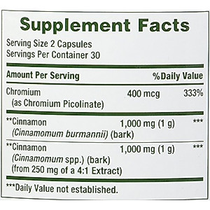 Nature's Bounty Cinnamon Pills and Chromium Herbal Health Supplement, Promotes Sugar Metabolism and Heart Health, 2000g, 60 Capsules