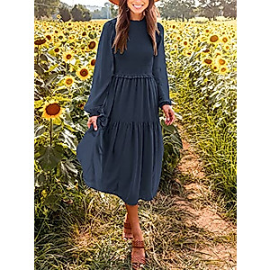 LOGENE Womens Long Sleeve Boho Smocked Midi Dress Casual Tiered Dress with Pockets 575-zanglan-S Navy Blue