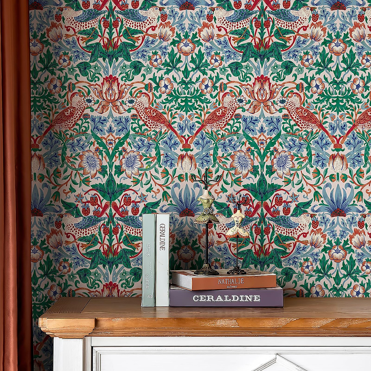 JiffDiff Vintage Wallpaper Peel and Stick Watercolor Floral Botanical Morris Wallpaper Strawberry Thief Easy Peel Off Wallpaper for Bedroom Mural Wall Decor Self-Adhesive 17.7in x 9.8ft