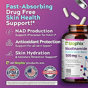 biophix B-3 Nicotinamide 500 mg 180 Caps - Nicotinic Amide Niacin Natural Flush-Free Vitamin Formula - Supports Skin Cell Health