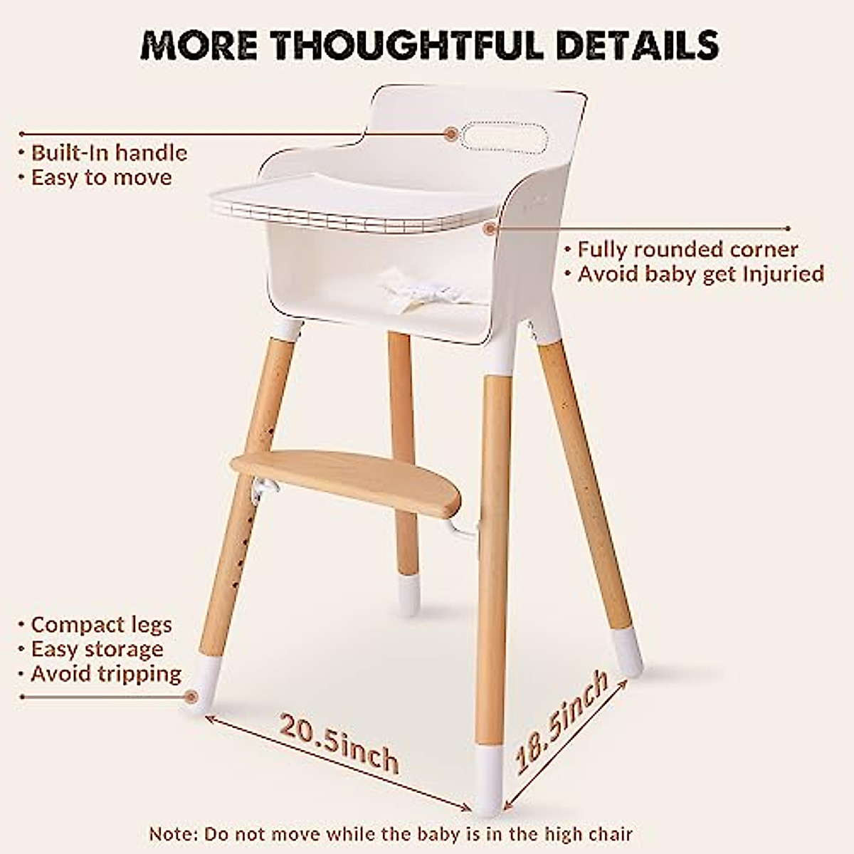 Baby High Chair, Wooden High Chairs for Babies & Toddlers, Highchair with Adjustable Footrest, Removable Tray, Ergonomic Seat Back, Easy to Assemble & Clean, 6 Months to 10 Years Old, White