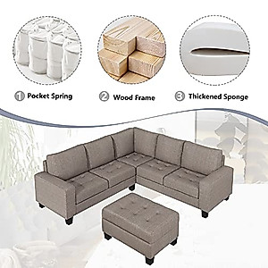 Merax Sectional Corner Sofa Set, Modern L-Shaped Couch with Storage Ottoman and Cup Holders for Living Room, Linen Brown