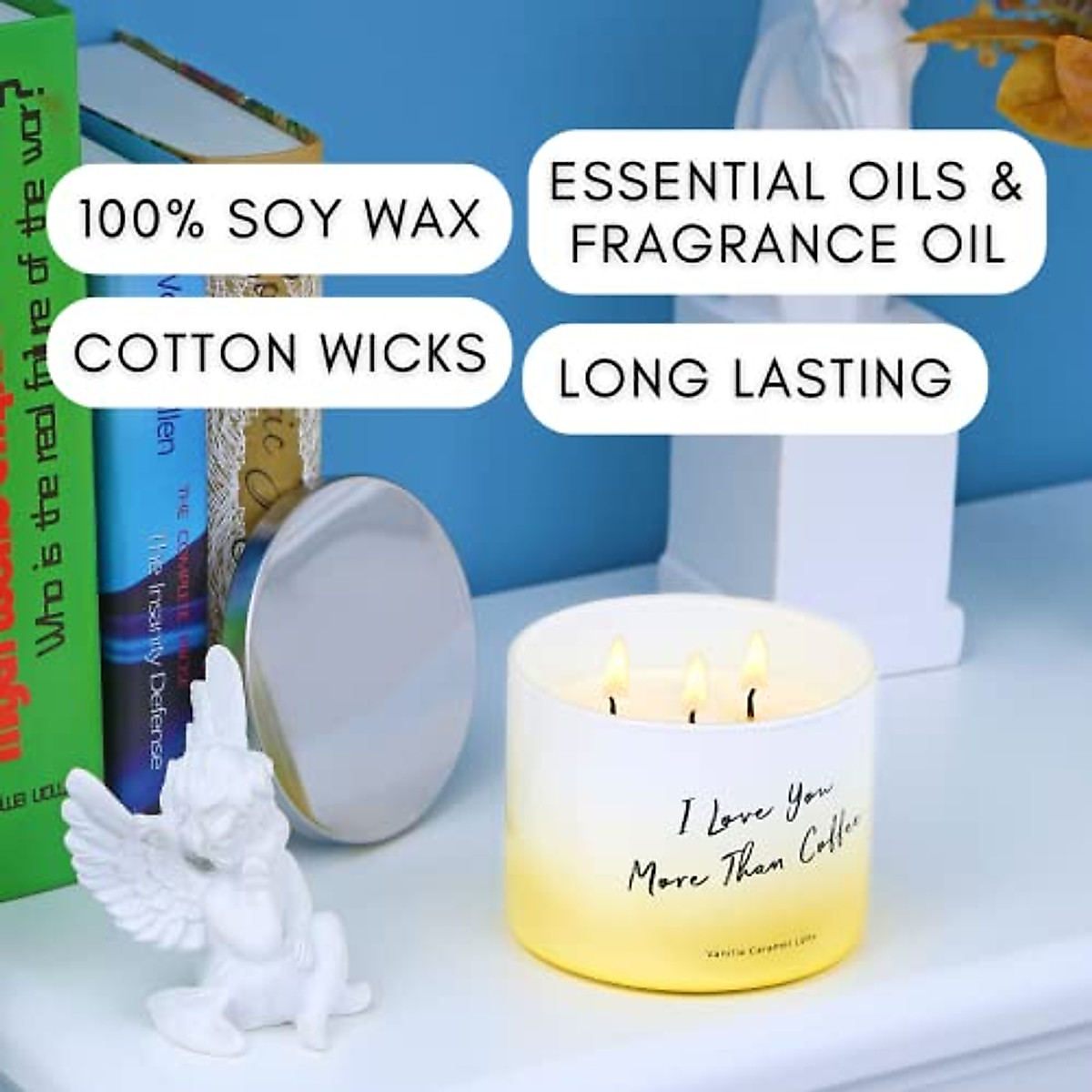 Vanilla Caramel Latte 3 Wick Soy Candle | I Love You More Than Coffee Scented Candle | Aromatherapy Candle for Home 15.8 oz | Strong Coffee Candles with Message for Him & Her, Mothers Day Candle Gifts