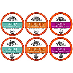 Super Organics Tea Variety Pack with Superfoods and Probiotics Keurig K-Cup Compatible Awake Tea, Metabolism Tea, Beauty Tea USDA Certified Organic, Vegan, Non-GMO, 60ct