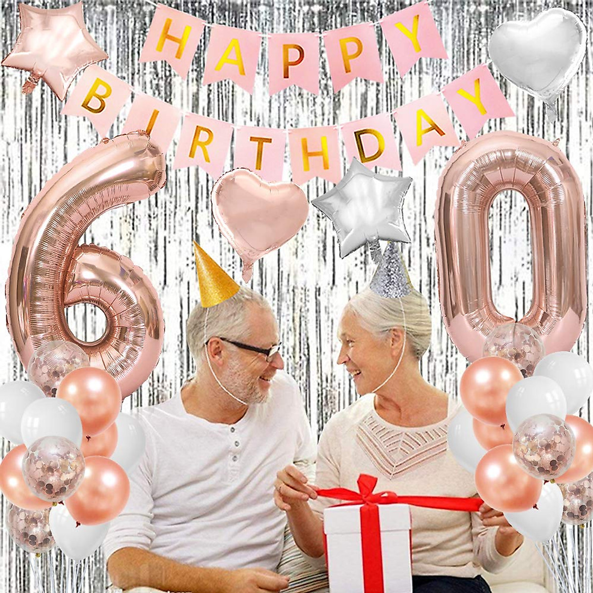 60th Birthday Decorations for Women Rose Gold Happy 60 Birthday Banner 60th Birthday Party Decorations 60 Balloon Numbers