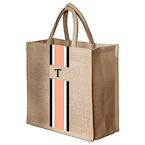 Globyz Jute Burlap Light Salmon Color With Initials Tote Bag Present for Wedding Birthday Gift Bridesmaid (35H*30L*12W CM) (T)
