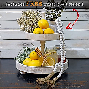 Farmhouse Tiered Tray with Beads Home Decor, Round 2 Tier Tray Cupcake Server, Kitchen Tiered Tray Decor Set, Wooden Two Tier Tray with Beads Coffee Table, White 2 Tiered Tray Farmhouse Display Stand