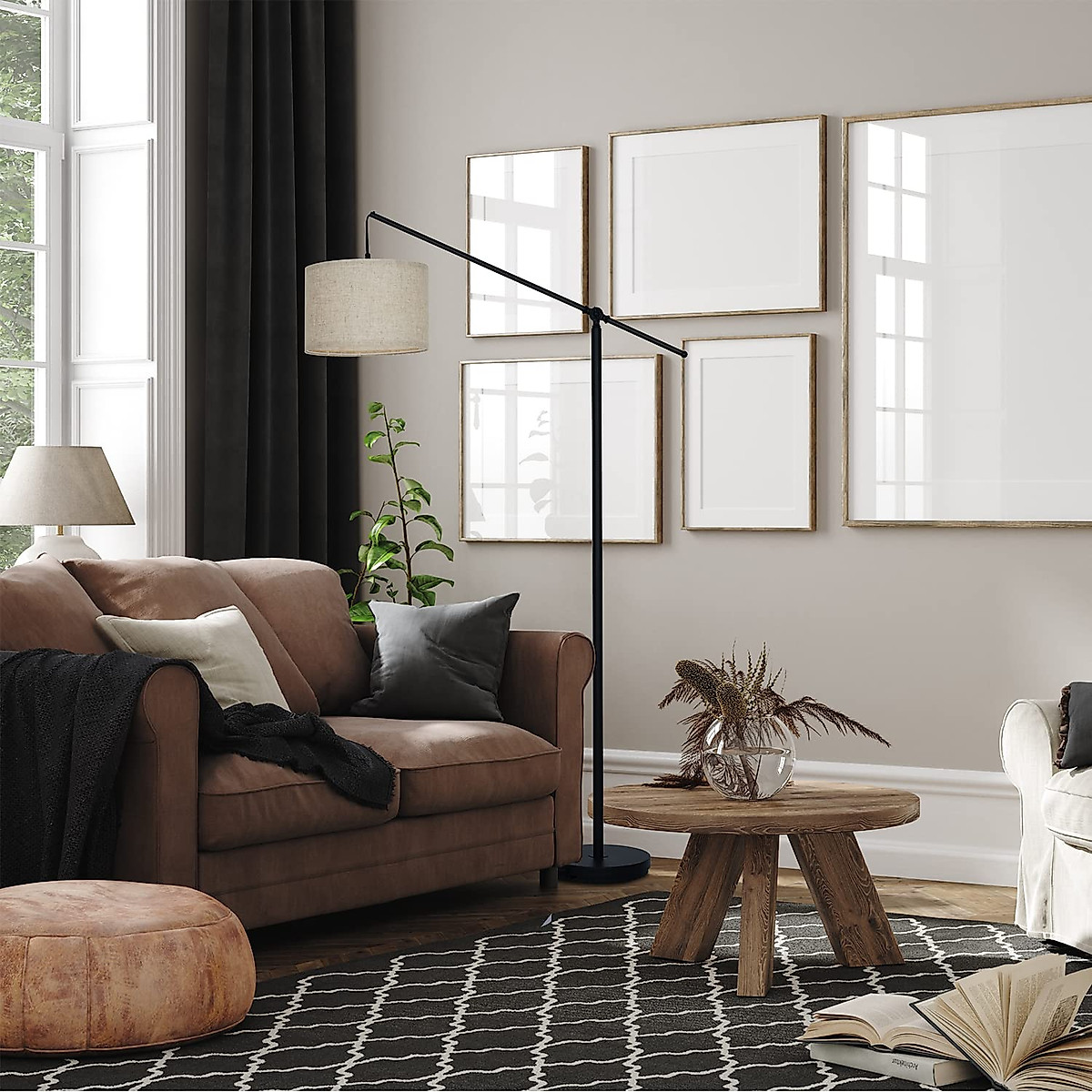 SURAIELEC Arc Floor Lamp, Overhang Cantilever Standing Floor Lamp for Couch, Sofa, Reading, Living Room, Bedroom, Adjustable Balance Arm, Natural Linen Drum Shade, Matt Black Metal Pole, Foot Switch
