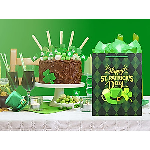 D4DREAM Happy St Patrick's Day Gift Bags 11.5" Large Green Buffalo Plaid Gift Bag with Tissue Paper St. Patricks Day Gift Wrapping Bag with Handle for Kids Classroom Party Favor Supplies