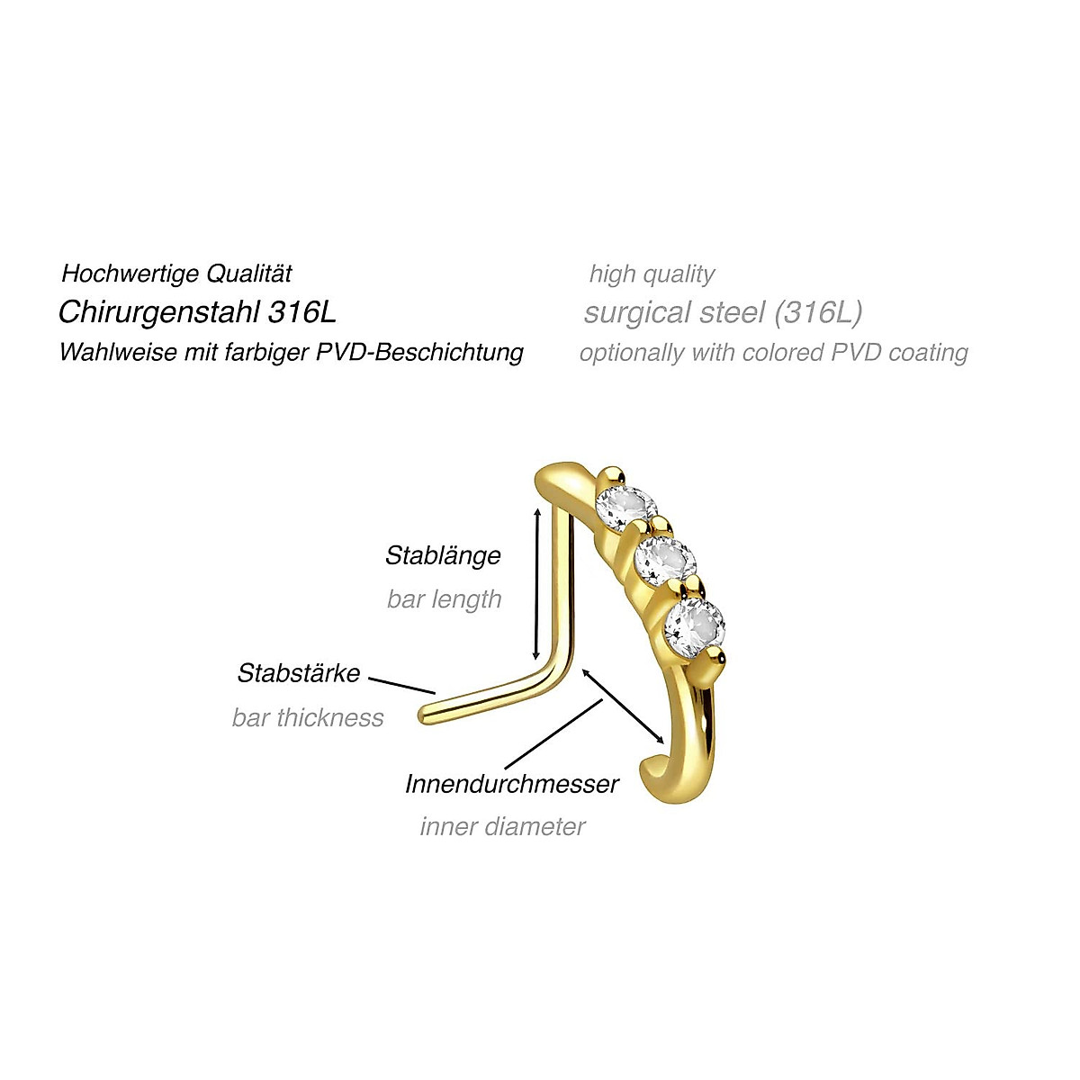 PIERCINGLINE 20G Surgical steel 316L nostril piercing jewelry | 3 BIG CRYSTALS | nose stud L-shaped