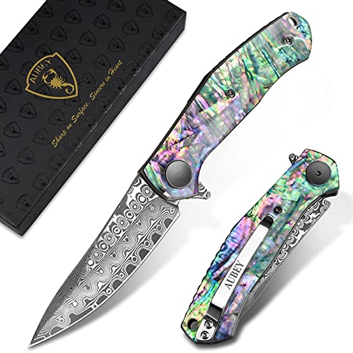 AUBEY Damascus Pocket Knife for Men Women, 3.23 inch Blade of EDC Hunting Knives with Abalone Shell Handle, Ball Bearing, Liner Lock - Sharp Damascus Steel Knife with Clip, Gift for Camping