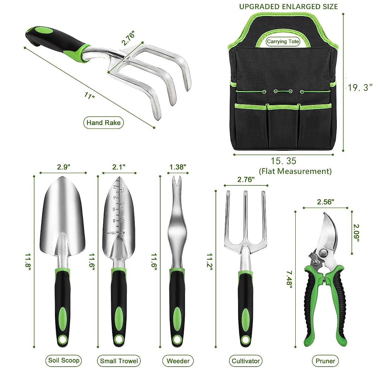 Garden Tool Set with Non Slip Rubber Grip,8 Piece Stainless Steel Gardening Tool Sets,Heavy Duty Outdoor Hand Tools Durable Storage Tote Bag,Uprooting Weeding Tool, Gifts for Women Men Green