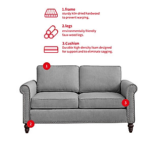 PUREMIND Loveseat, Light Grey Sofa Couches for Living Room, Linen Fabric, Mid Century Modern Couch with Solid Wood Frame and 4 Gourd Shapes Legs, Small Couches for Small Spaces