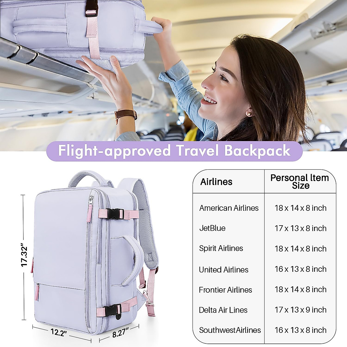 Rinlist Travel Laptop Backpack Carry On Backpack for Men Women Flight Approved College School Computer Bag for Business Hiking Personal Item Backpack Fits 15.6 Inch Notebook Purple