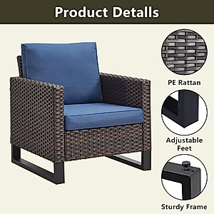 Rilyson Patio Furniture Chairs Outdoor Chair - Wicker Patio Furniture Set of 2,PE Rattan Patio Seating with Cushions for Deck Porch Balcony Backyard Garden(Brown/Blue)
