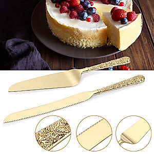 BSTKEY Pack of 2 Gold Cake Pie Pastry Servers, Cake Knife and Server Set, Vintage Engraved Cake Cutter Serving Spatula Set for Wedding Birthday Parties Christmas Thanksgiving and Events