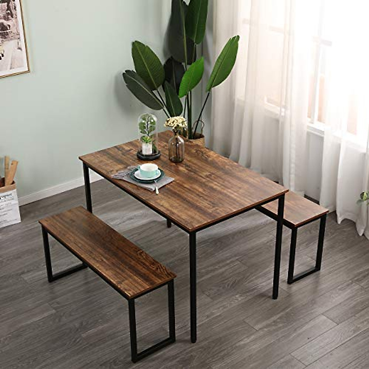 soges Kitchen Table Set with 2 Benches, Bench Dining Table Set for 4, 3 Piece Dining Room Table and Long Benches, Breakfast Table Coffee Table Set, Industrial Style Wooden Kitchen and Dining Room Set