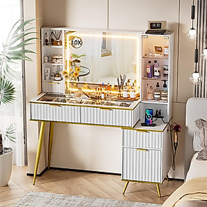 PAKASEPT Fluted Vanity Desk with Mirror and Lights, 47" Big Modern Vanity Desk with Glass Tabletop, Vanity Table with Charging Station, 4 Drawers, Shelves, RGB Glass Cabinet, for Bedroom, White