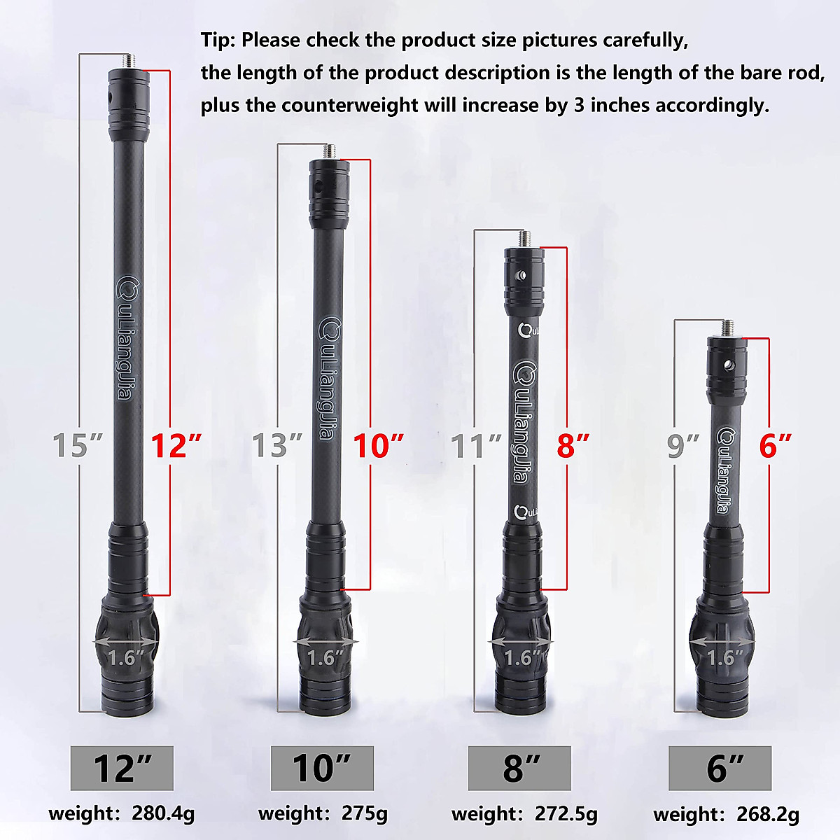 AMEYXGS Archery Bow Stabilizer 6" 8" 10" 12" Rod Balance Bar with Damping System and Weights Shock Absorber for Compound Bow Archery Accessory (6" Stabilizer)