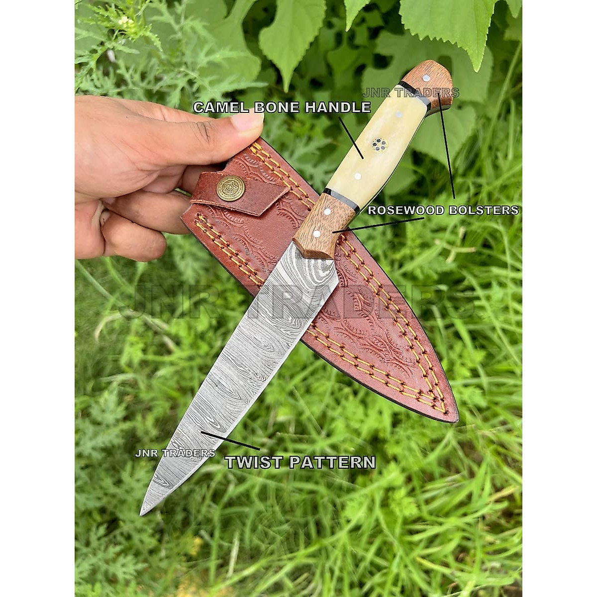 JNR Traders Damascus Paring Knife, Steak Knife, 6 in Chef Knife with Leather Sheath, Full Tang Thin Ultra-Sharp Bbq Knife 3702
