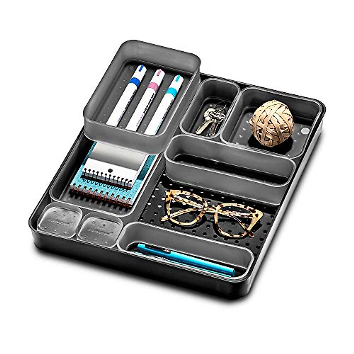 madesmart Junk Drawer Organizer Stack & Slide-CARBON COLLECTION Multi-Purpose, Stackable, Lidded Bins, Non-Slip Rubber Feet, Large