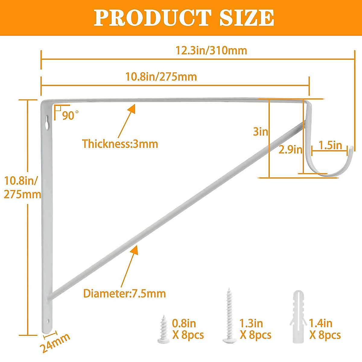 4 Pack Heavy Duty Closet Rod Bracket 11”x11” Closet Shelf & Rod Brackets, Closet Shelf Bracket with Rod Holder, Right Angle 1-3/8” Dia White Closet Rod Support Bracket for Revive Your Sagging Rod