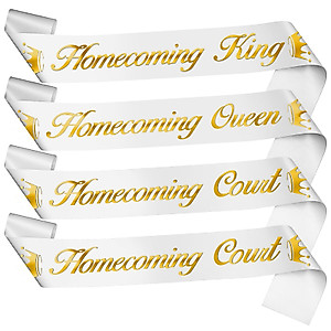Huquary 8 Pcs Homecoming Court Homecoming King and Queen Sashes Set School Dance Satin Sash White with Gold Print Prom Sash for Graduation Party Accessories(White, Gold)