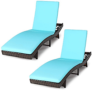 RELAX4LIFE Chaise Lounge Chair Recliner Patio Adjustable Folding Reclining Wicker Chair with 5 Backrest Positions, Removable Upholster for Pool, Garden Outdoor PE Rattan Reclining Chair(2, Turquoise)