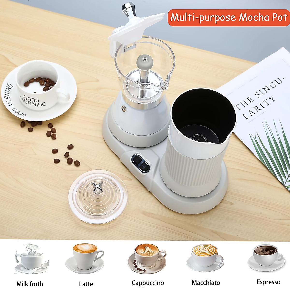DITOSH All-Round Coffee Companion Electric Moka Pot & Milk Frother 2-in-1 Machine Aluminium Material One-touch Operation Milk Froth Fine and Dense White 110V