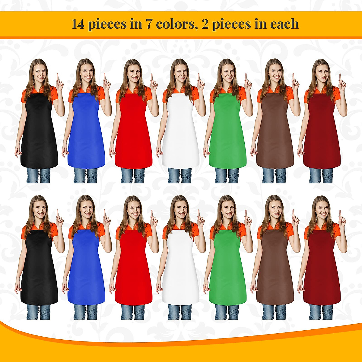 14 Packs White Aprons Red Wine Blue Green Black Coffee White Paint Apron Machine Washable Blank Bib Apron Plain Aprons for Adults Kids Long Tie Unisex Aprons for Cooking BBQ DIY Painting Crafting