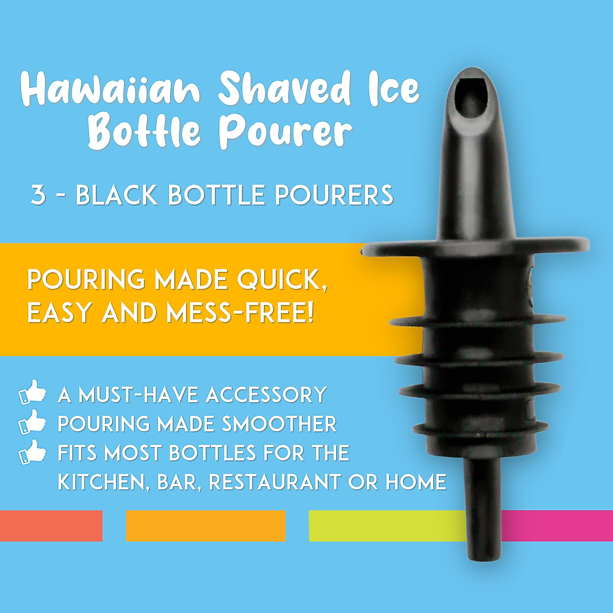 Hawaiian Shaved Ice 3 pack Free Flow Pourers, for Snowcone Syrup, Plastic Bottle Spout for Mixed Drinks, Snow Cone, Mochas & Latte Flavor - Black