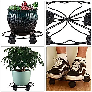 4 Packs Metal Plant Caddy with Wheels 12” Heavy-Duty Wrought Iron Rolling Plant Stands with Casters Indoor and Outdoor Plant Pot Roller Base Plant Movers Saucers with Wheels, Glossy Black