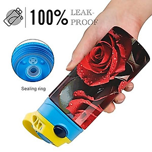 Stainless Steel Water Bottles Romantic Red Roses Travel Water Cups with Handle And Silicone Straw Drinking Cup with Leak Proof Lid Thermo Travel Mug for Women Men