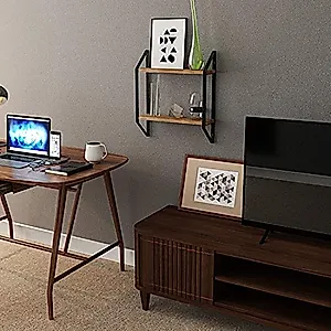 Wallniture Ponza 2-Tier Floating Shelf for Bathroom Organization and Storage Natural Burned Rustic Wood Wall Decor with Metal Brackets