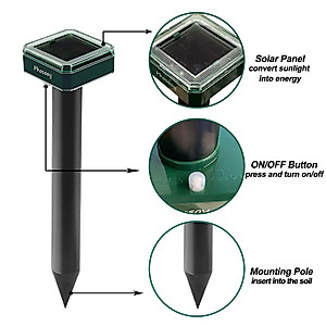 Phosooy Solar Mole Repellent Stakes, 8 Pack Solar Powered Ultrasonic Snake Gopher Deterrent Spikes, Waterproof Solar Rodent Voles Gopher Chipmunk Repellent for Lawn, Garden, Farm Outdoor Use